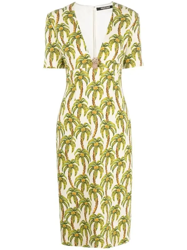 Roberto Cavalli Palm Tree-print Midi Dress