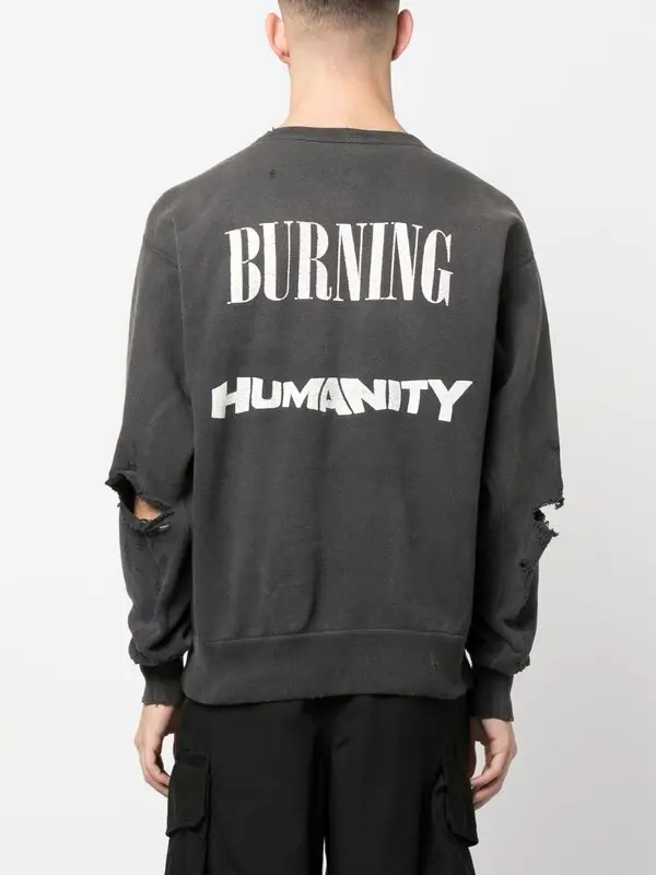 SAINT MXXXXXX Slogan-print Distressed-finish Sweatshirt - Black