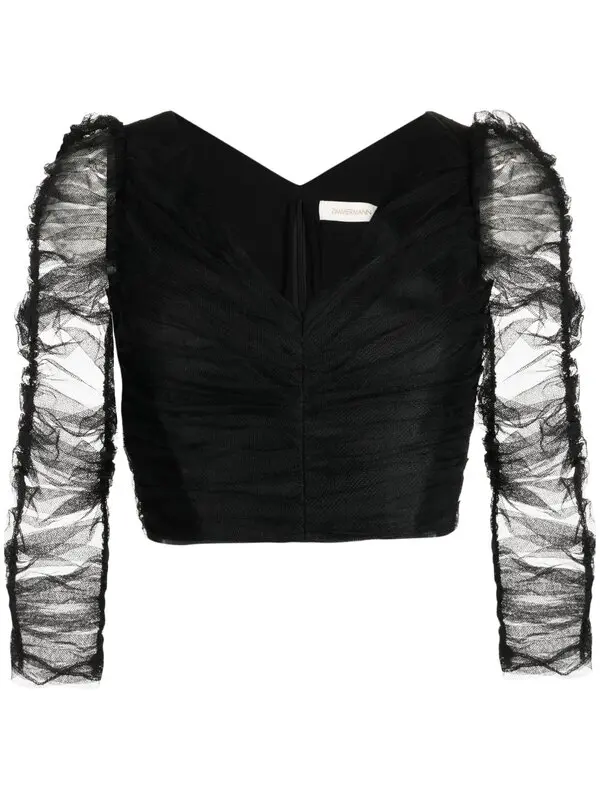 Zimmermann Ruched Tulle Cropped Top - Black