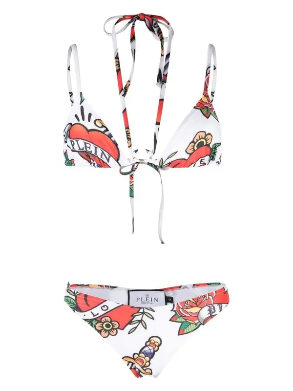 Philipp Plein Tattoo Print Bikini Set - White