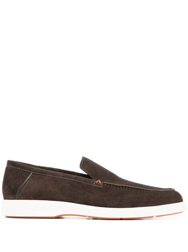 Santoni Calf Suede Almond-toe Loafers - Brown