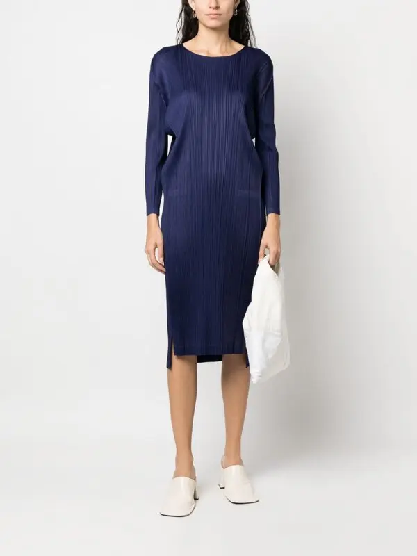 Issey Miyake Pleated Long-sleeve Midi Dress - Blue