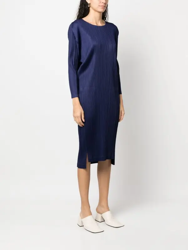 Issey Miyake Pleated Long-sleeve Midi Dress - Blue