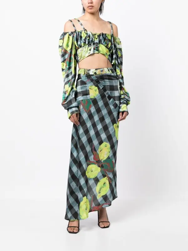 Ottolinger Lemon Checked Print Off-shoulder Top