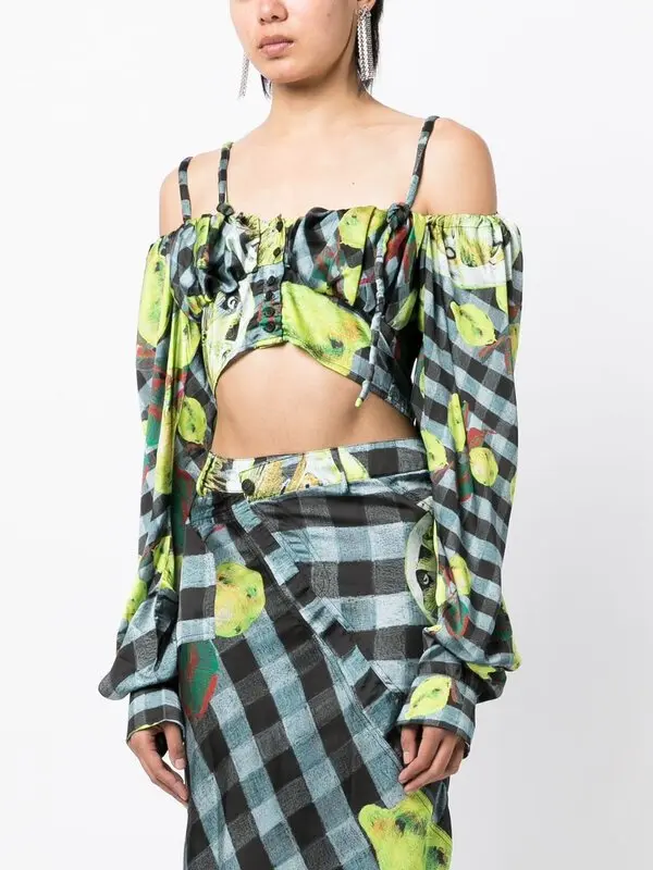 Ottolinger Lemon Checked Print Off-shoulder Top