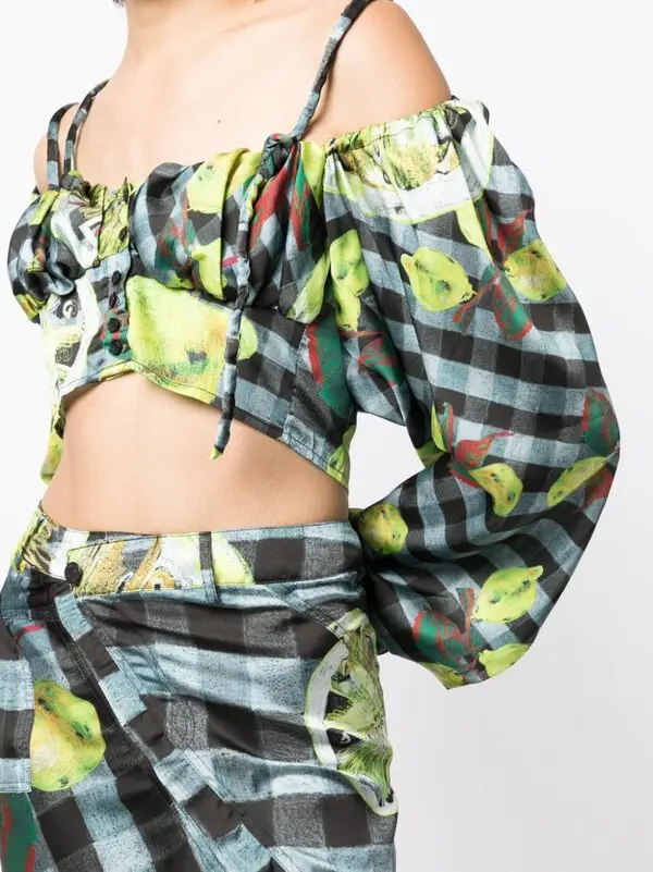 Ottolinger Lemon Checked Print Off-shoulder Top