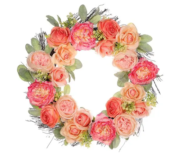 PULEO INTERNATIONAL Puleo 24' Peony,rose Floral Spring Wreath With Green Leav - One-color