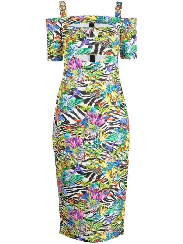 Just Cavalli Mix-print Off-shoulder Midi Dress