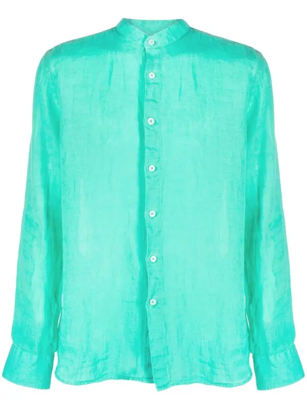120% Lino Mandarin-collar Long-sleeve Linen Shirt - Green