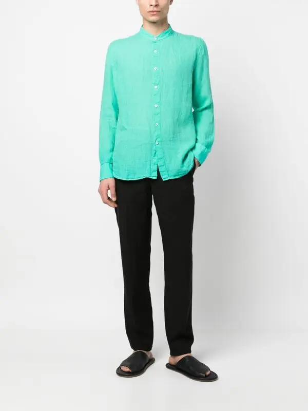120% Lino Mandarin-collar Long-sleeve Linen Shirt - Green