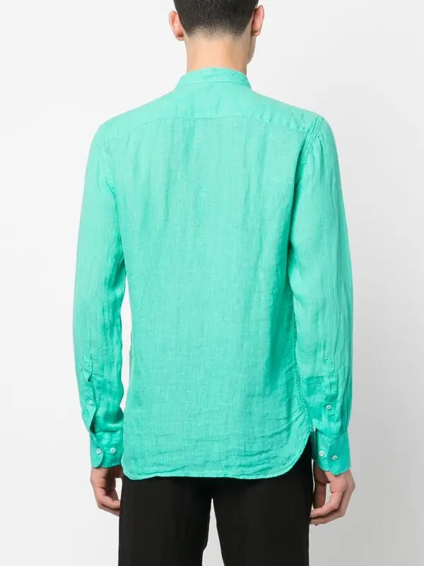 120% Lino Mandarin-collar Long-sleeve Linen Shirt - Green