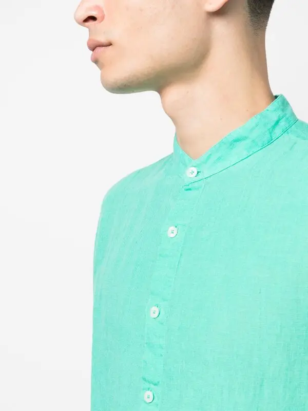 120% Lino Mandarin-collar Long-sleeve Linen Shirt - Green