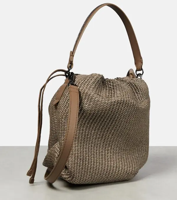 Brunello Cucinelli Raffia Leather-trimmed Bucket Bag