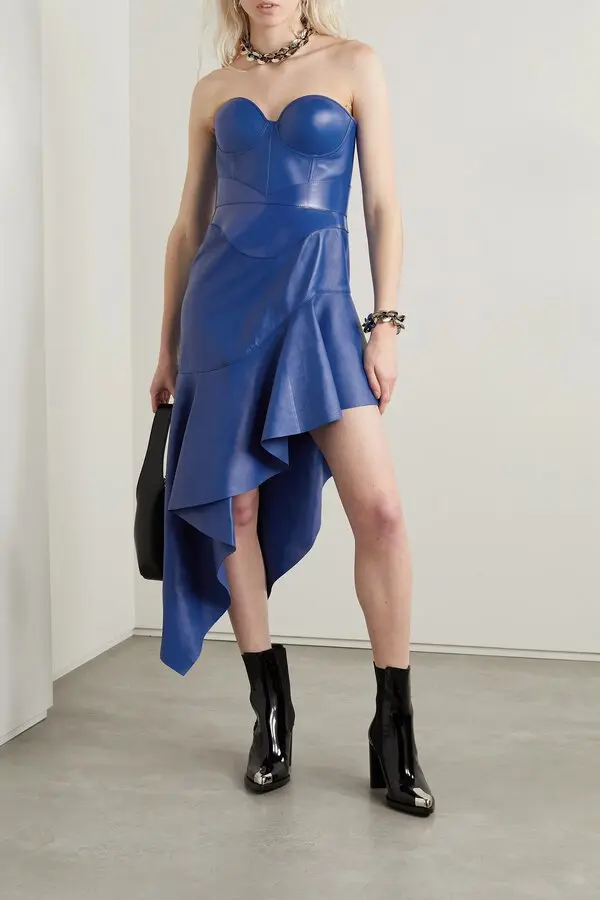 Alexander Mcqueen Strapless Asymmetric Leather Dress - Blue | Editorialist