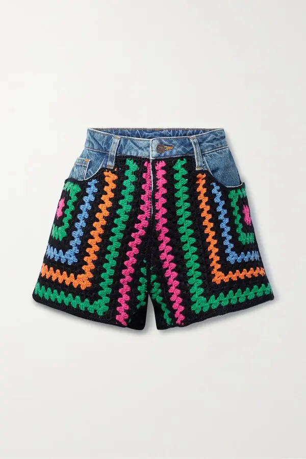 Farm Rio Crochet-Paneled Denim High-Rise Shorts In Blue 30% Off