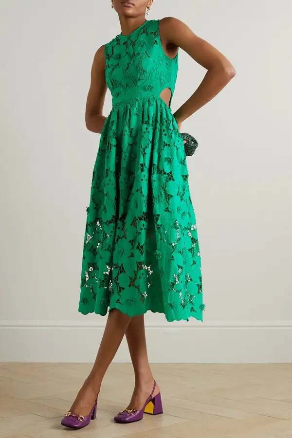 Self-Portrait Cutout Embroidered Cotton And Guipure Lace Midi Dress In Green  - 40% Off | Editorialist