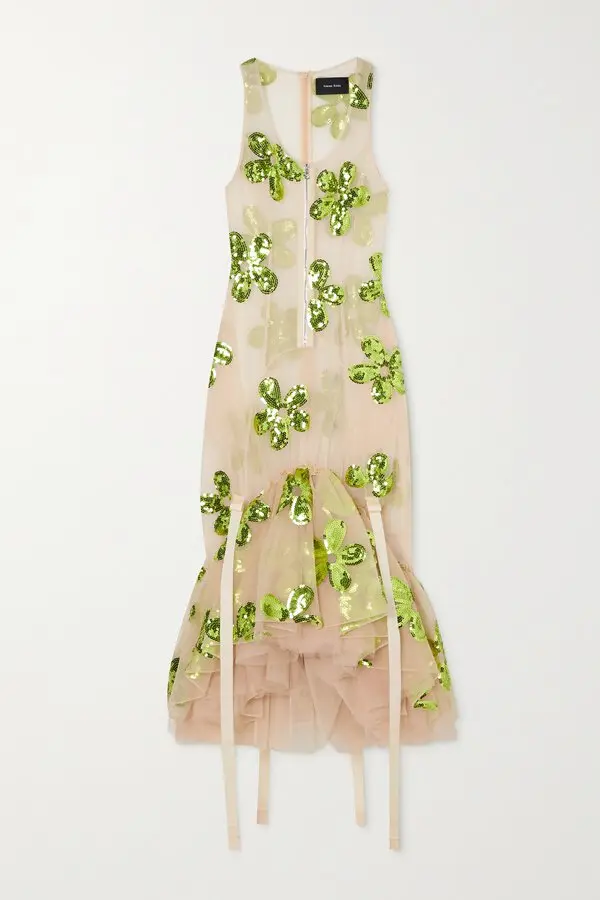 Simone Rocha Tiered Sequin-Embellished Grosgrain-Trimmed Tulle Midi Dress  In Neutrals - 30% Off | Editorialist