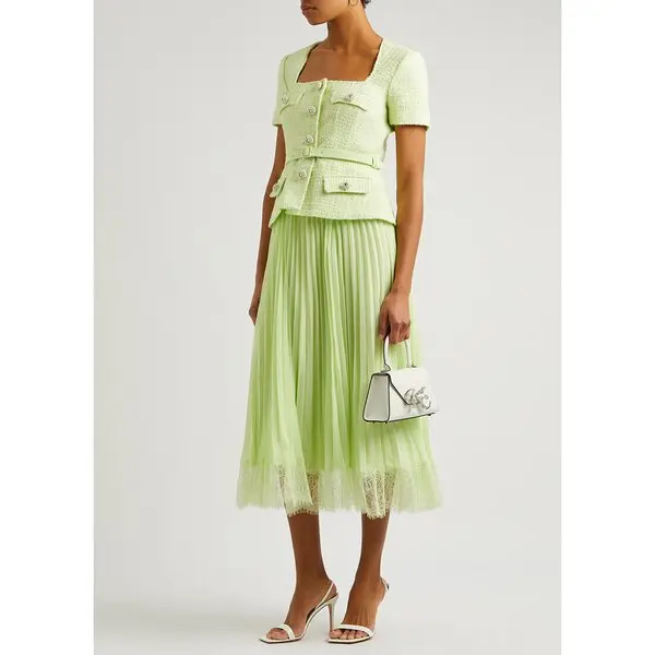 Self-Portrait Boucl-Tweed And Chiffon Midi Dress In Lime - 55% Off |  Editorialist