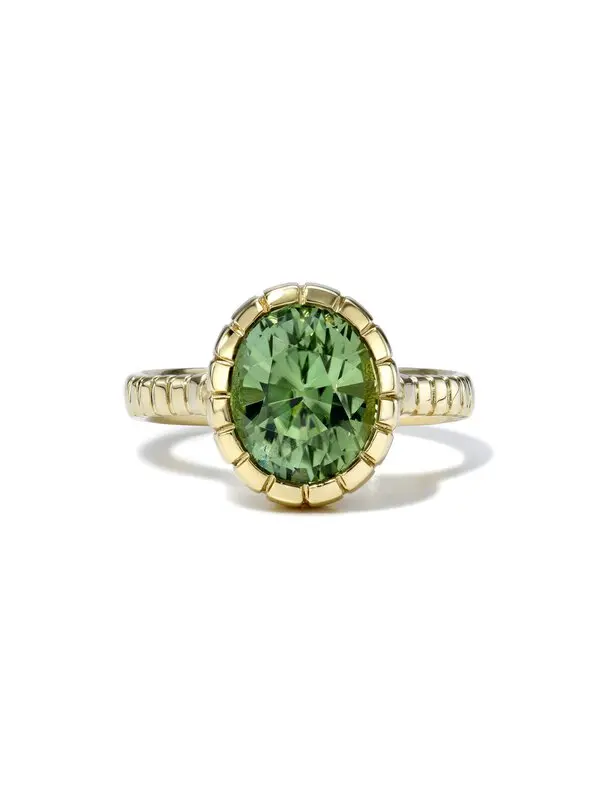 Retrouvai Heirloom Bezel Oval Mint Green Tourmaline Yellow Gold Ring