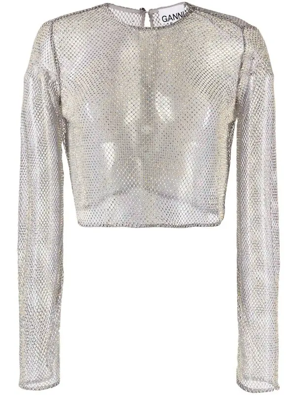 GANNI Crystal-embellished Cropped Mesh Blouse