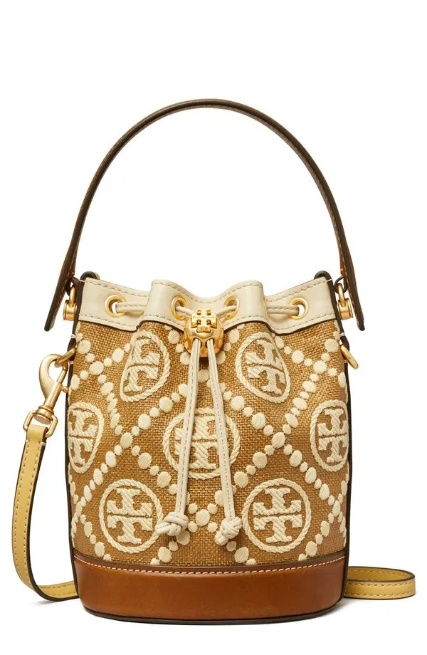 Tory Burch Mini T Monogram Embroidered Raffia Bucket Bag
