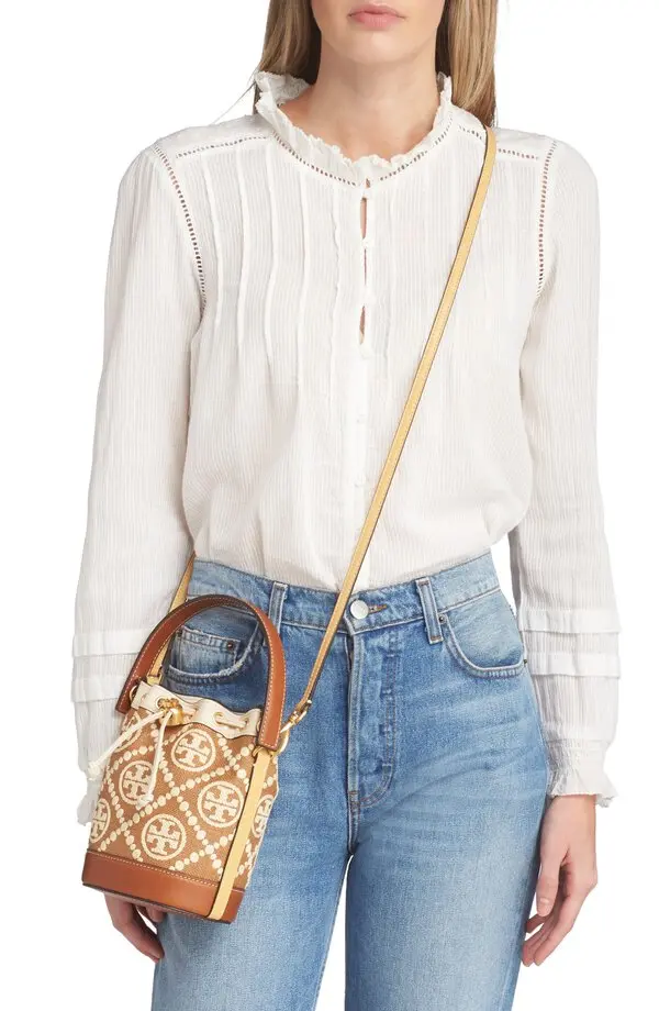 Tory Burch Mini T Monogram Embroidered Raffia Bucket Bag