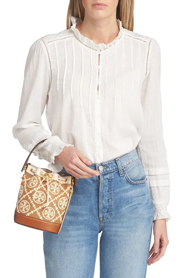 Tory Burch Mini T Monogram Embroidered Raffia Bucket Bag