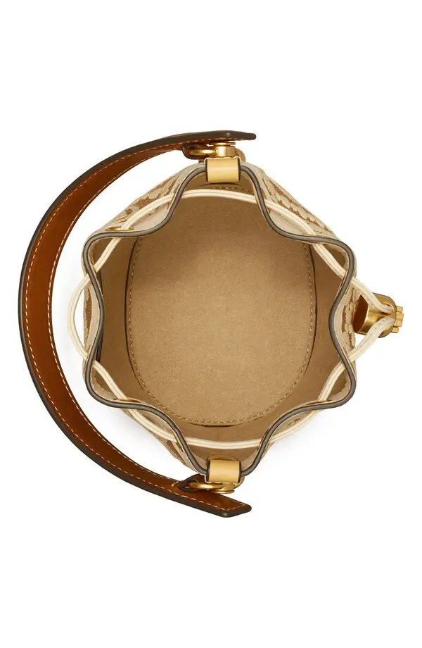 Tory Burch Mini T Monogram Embroidered Raffia Bucket Bag