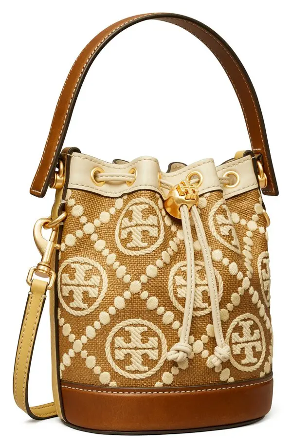 Tory Burch Mini T Monogram Embroidered Raffia Bucket Bag