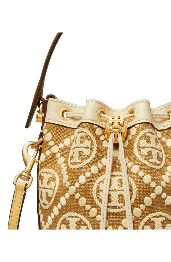 Tory Burch Mini T Monogram Embroidered Raffia Bucket Bag