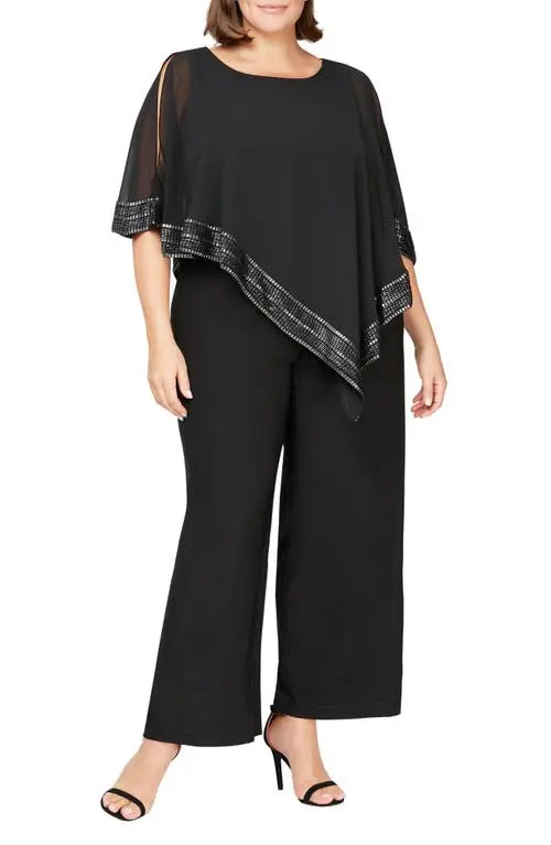 SL FASHIONS Foil Trim Asymmetric Popover Jumpsuit - Black
