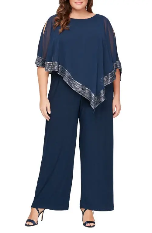 SL FASHIONS Foil Trim Asymmetric Popover Jumpsuit - Navy/silver