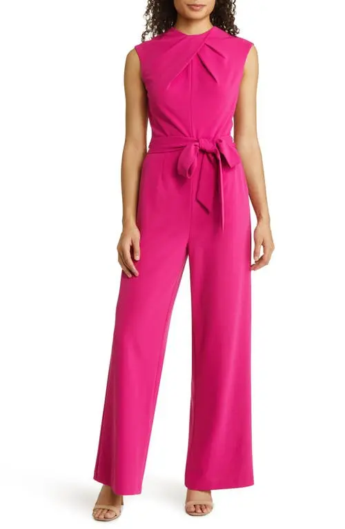 TAHARI ASL Tie Waist Wide Leg Jumpsuit - Wild Berry