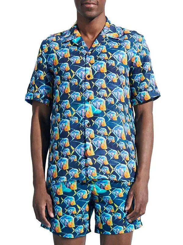 Vilebrequin Piranhas Linen Camp Shirt - Bleu Marine