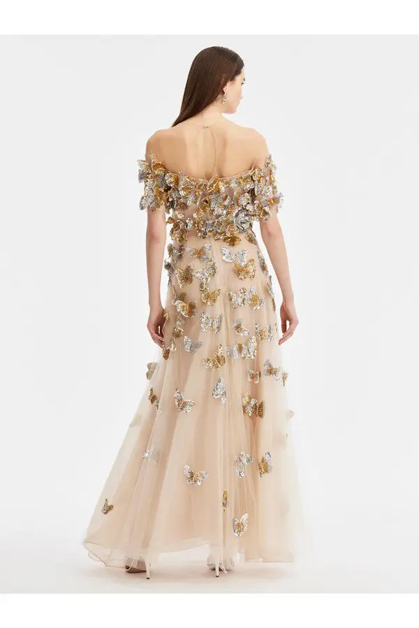 Oscar De La Renta Butterfly Sequin Embroidered Tulle Gown In Gold - 50% Off  | Editorialist