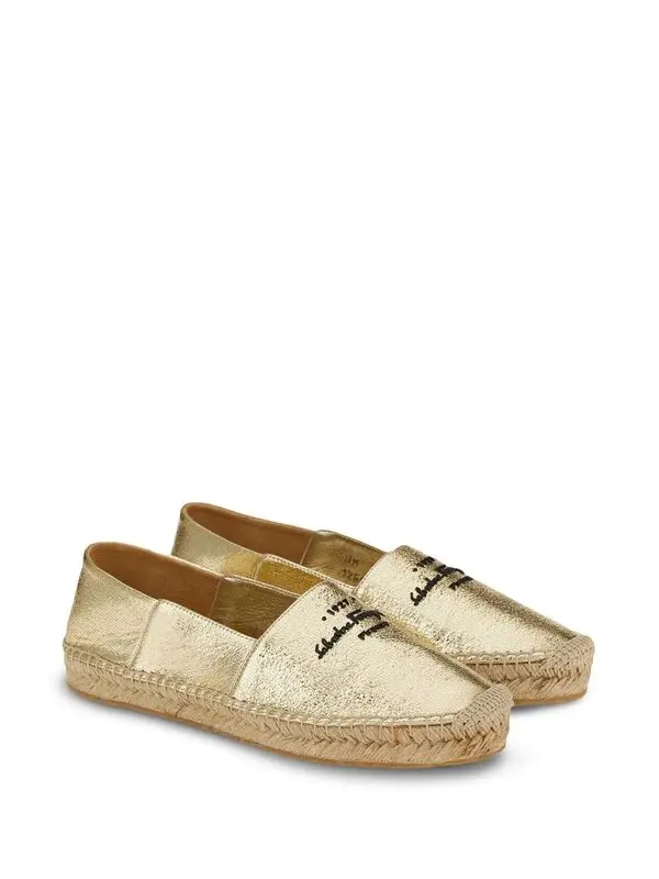 FERRAGAMO Logo-embroidered Metallic Espadrilles - Gold