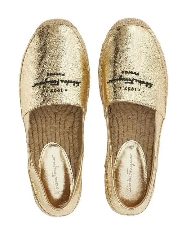 FERRAGAMO Logo-embroidered Metallic Espadrilles - Gold