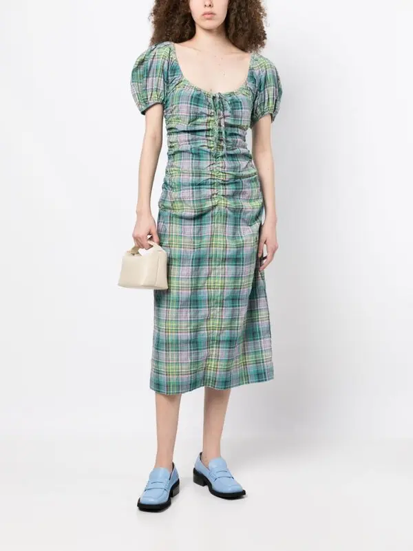GANNI Checked Seersucker Midi Dress