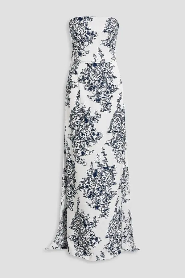 Oscar De La Renta Strapless Flocked Jacquard Gown - Navy