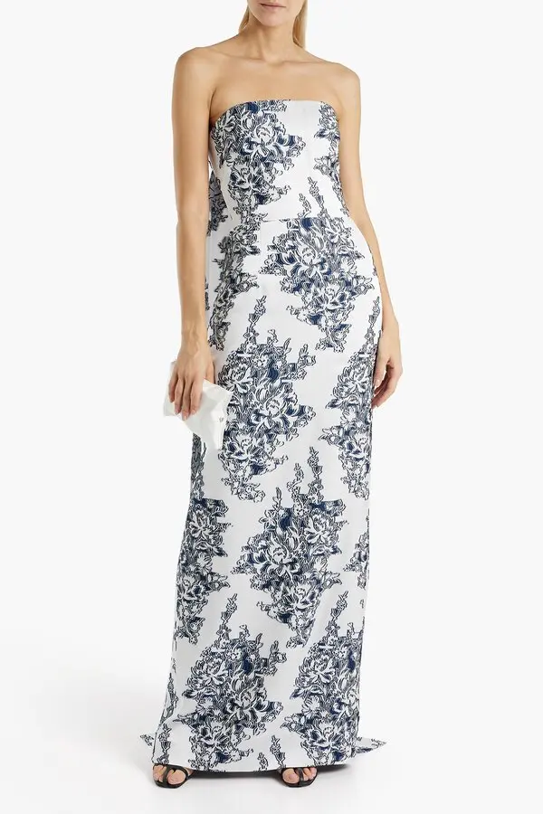 Oscar De La Renta Strapless Flocked Jacquard Gown