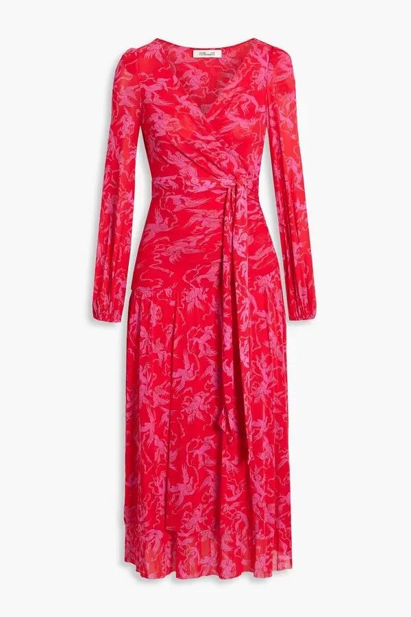 Diane Von Furstenberg Catalina Wrap-Effect Printed Mesh Midi Dress In Red -  48% Off | Editorialist