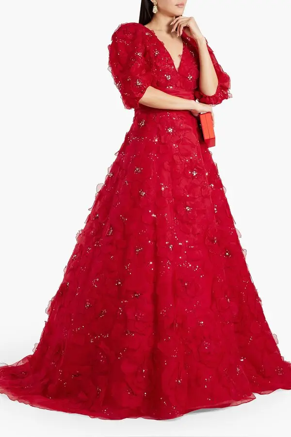 Carolina Herrera Floral-Appliqued Embellished Silk-Organza Gown Red In  Crimson - 52% Off | Editorialist