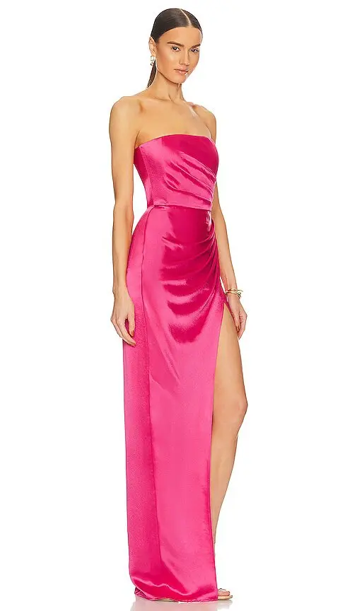 SAU LEE Boned Bodice Satin Maxi Dress With High Slit
