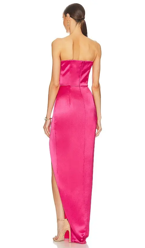 SAU LEE Boned Bodice Satin Maxi Dress With High Slit
