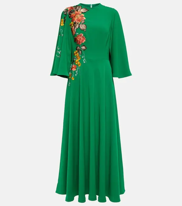 Costarellos Zinnia Embroidered Cape Maxi Dress - Green