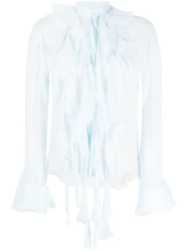Ermanno Scervino Ruffled Sheer Silk Shirt - Blue