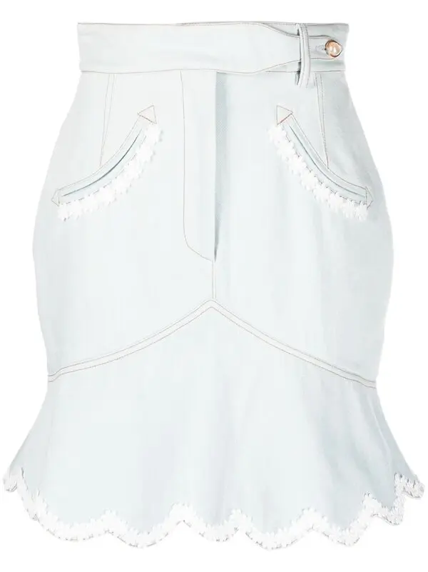 Casablanca Floral-embroidered Denim Peplum Skirt - Blue