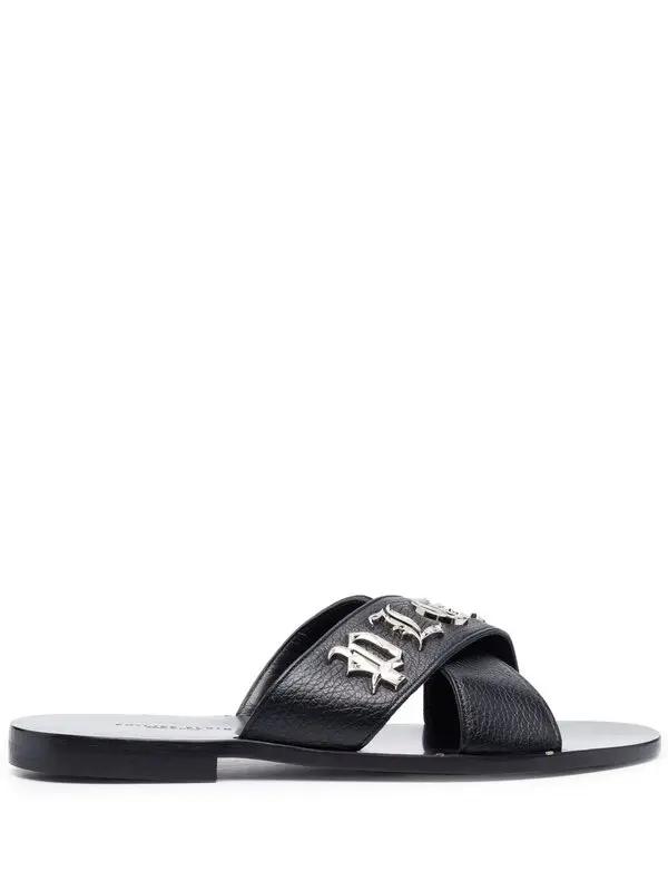 Philipp Plein Cross-strap Leather Slides - Black