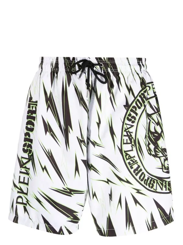 PLEIN SPORT Lightning-print Swim Shorts - White