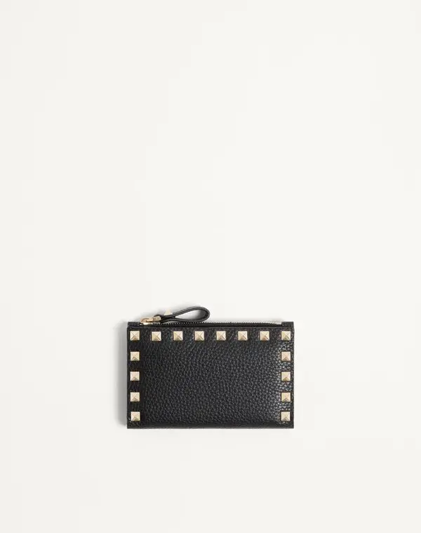 Valentino Garavani Rockstud Grainy Calfskin Cardholder With Zip - Black